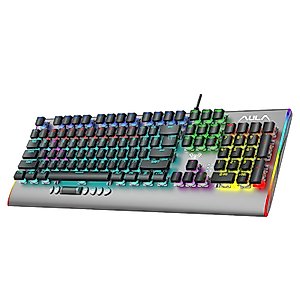 AULA F2099 Low Profile Mechanical Gaming Keyboard, with Blue Switches, Media Knob, RGB Backlight, Ultra-Thin Keycaps, 104-Keys Anti-Ghosting Programmable USB Wired Computer Keyboards