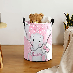 Polka Dot Cute Elephant Large Laundry Basket Custom Name Foldable Clothes Bag Collapsible Fabric Laundry Hamper Folding Washing Bin for Gift, 19.69 inches (height) x 14.17 inches (diameter)