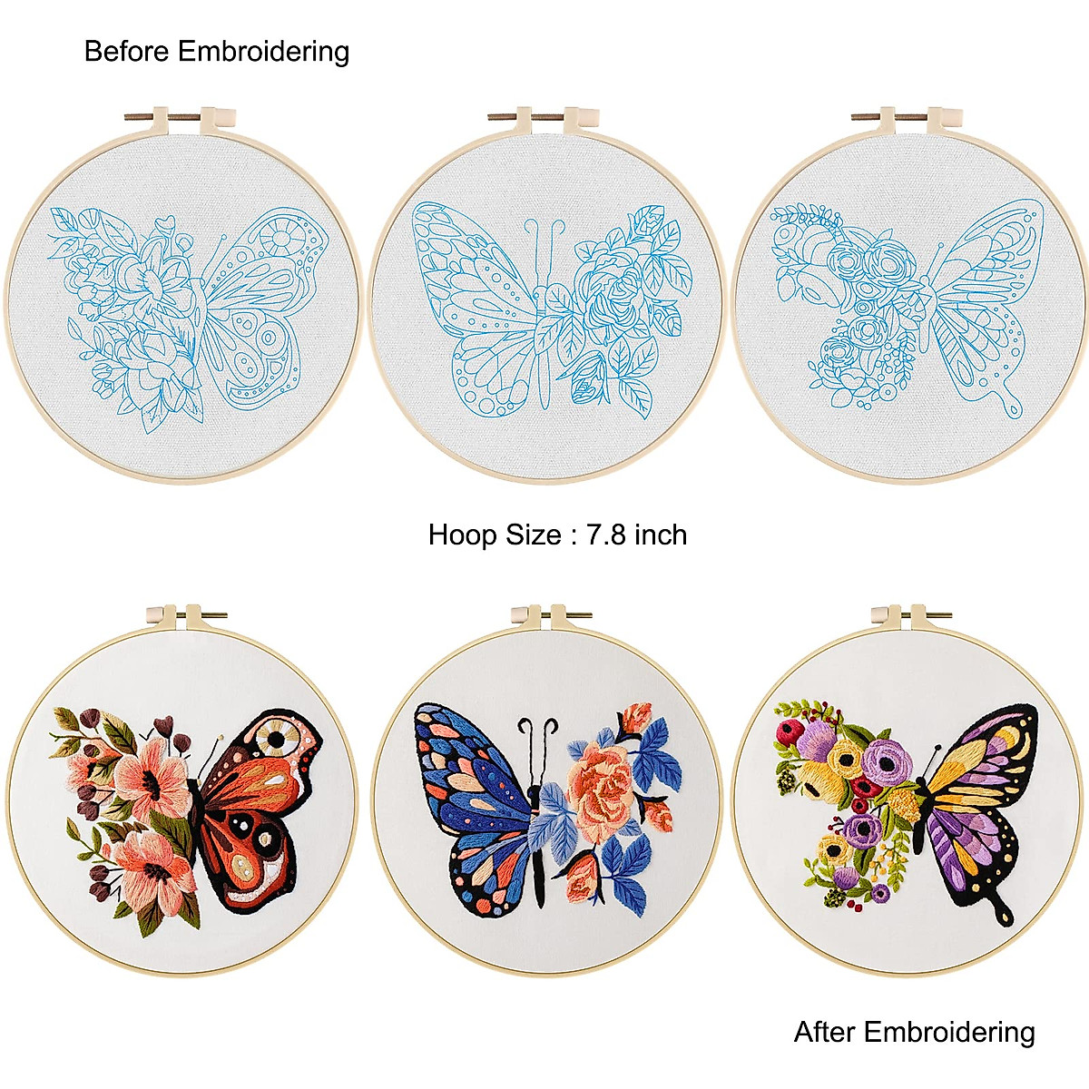 Anidaroel 3 Sets Butterfly Flower Pattern Embroidery Starter Kit for Beginners, Stamped Cross Stitch Kits for Beginners Adults Include Embroidery Fabric Embroidery Hoop Threads and Needles