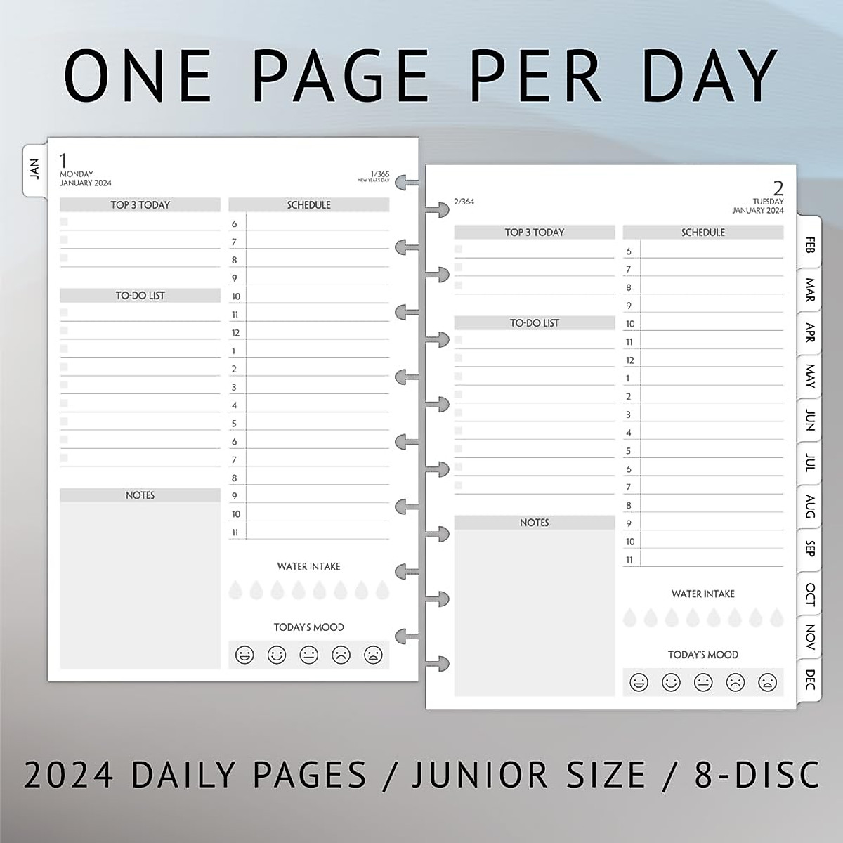 2024 Daily & Monthly Planner Refills for 8-Discbound Junior Size Planners - Appointment Schedule & To Do List, Monthly Tabs, 8-Disc Punched, Jan 2024 - Dec 2024