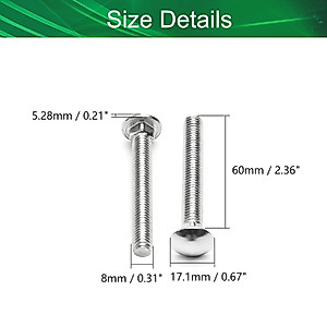 Yinpecly 8Pcs M8×60mm 1.25mm Pitch Length 304 Stainless Steel Round Domed Head Square Neck Carriage Bolts Silver Tone