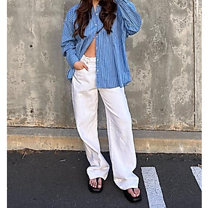 LONGBIDA Baggy Jeans for Women High Waisted Stretch Wide Leg Straight Denim Jeans(White,XL)