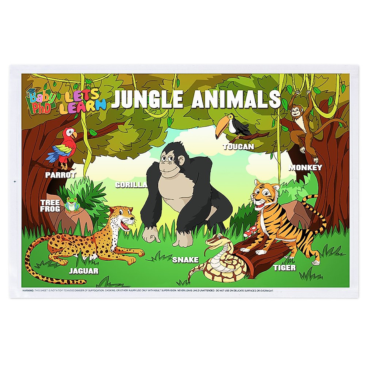 Baby PhD Disposable Placemats for Baby, Kids, & Toddlers - Animal Design - Table Mat or Topper for Restaurants, Stick-On Placemat for Travel, Sticky Strips Stay in Place - 3 Designs, Pack of 60