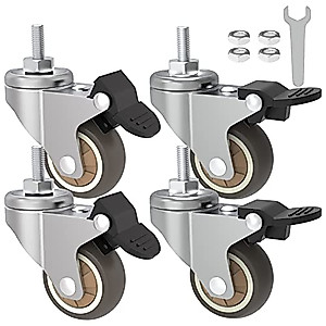 OK5STAR 1.5" Mini Caster Wheels with Brakes, 1/4"-20x1" Threaded Stem Low Profile TPR Castors Quiet Rolling for Small Cart Trolley Dolly Workbench Furniture Set of 4（fit 6mm to 6.35mm）
