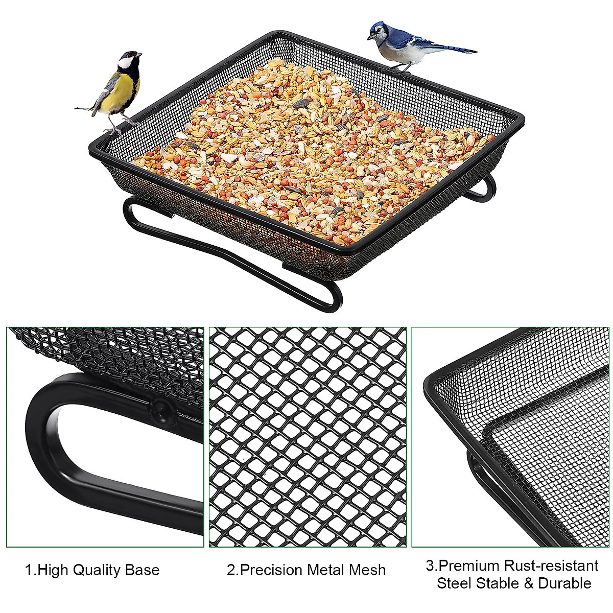 2 Pieces 7 x 7 x 2.7 Inch Metal Ground Bird Feeder Compact Platform Bird Seed Tray and 4 Pieces Elastic Rope for Outdoor Dove Birds or Squirrels Garden Decoration (Black)
