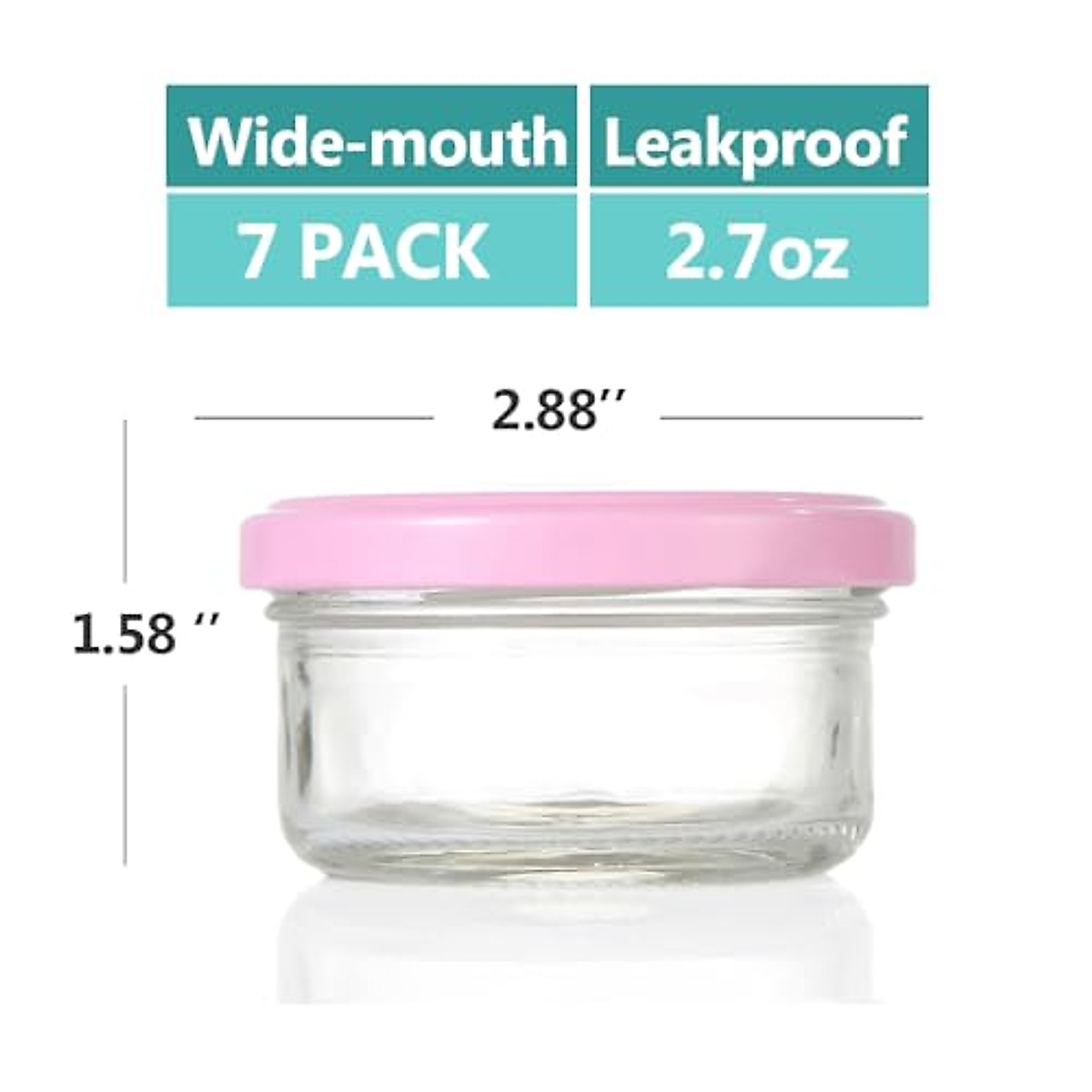 Delove [7 Pack] 2.7 oz Small Glass Condiment Containers with Lids - Salad Dressing Container to Go - Dipping Sauce Cups Set - Leak proof Reusable Sauce Containers for Lunch Box Picnic Travel - Pink