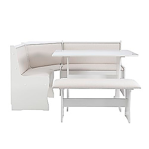 Linon Kiera Corner Upholstered Seats and Hidden Storage, Kitchen Dining Nook Set, White & Beige Striped