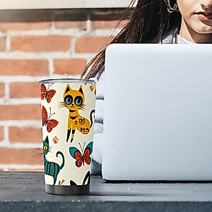 QWEUIOP 20oz Insulated Travel Coffee Mug Cute Cartoon Cats Stainless Steel Tumbler with Lid Double Wall Vacuum Coffee Cup For Hot and Cold Drinks14079