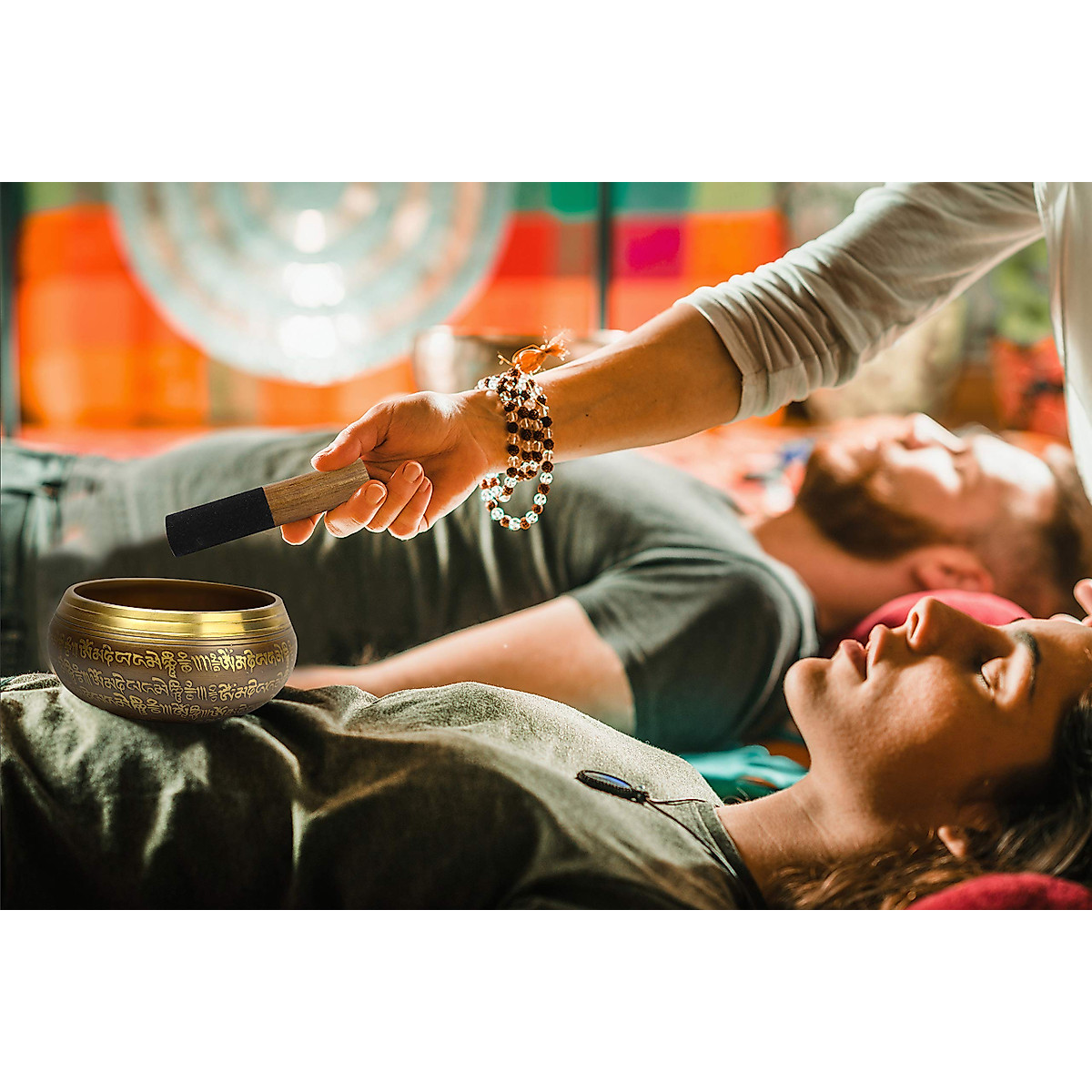 Tibetan Singing Bowl Set 4" ~ Bronze Mantra Design ~ With Carry Case, Dual Surface Mallet, Silk Cushion, and FREE Meditation e-book ~ Promotes Peace, Chakra Healing, and Mindfulness