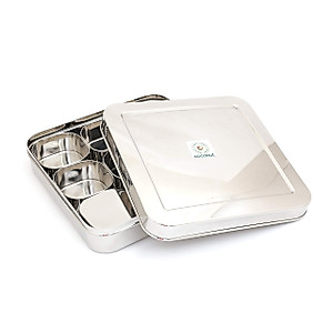 coconut Stainless Steel Square Masala Box/Spice Container/SS Lid Masala Box with 9 Bowls - Diamater - 9.7 Inches, Capacity - 180 ML Each Containers