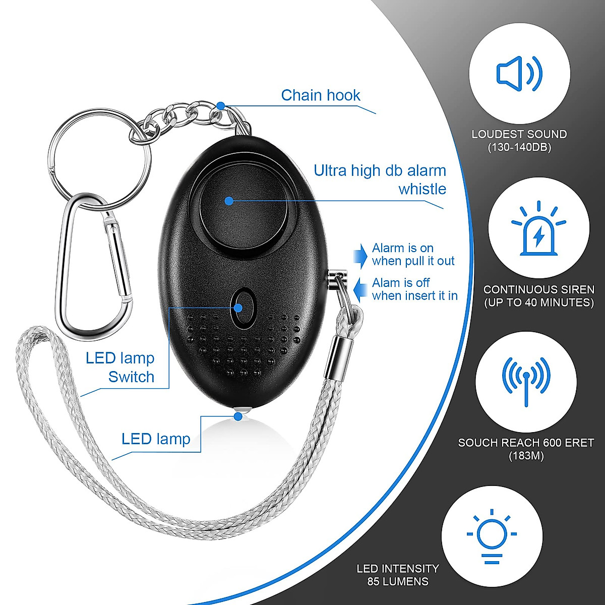 Konohan 16 Pack Security Sound Personal Alarm, 130dB Personal Alarm Keychain with LED Light and Buckle, Personal Alarm Emergency Alarm Defense Personal Alarm Keychain for Women Kids Elderly