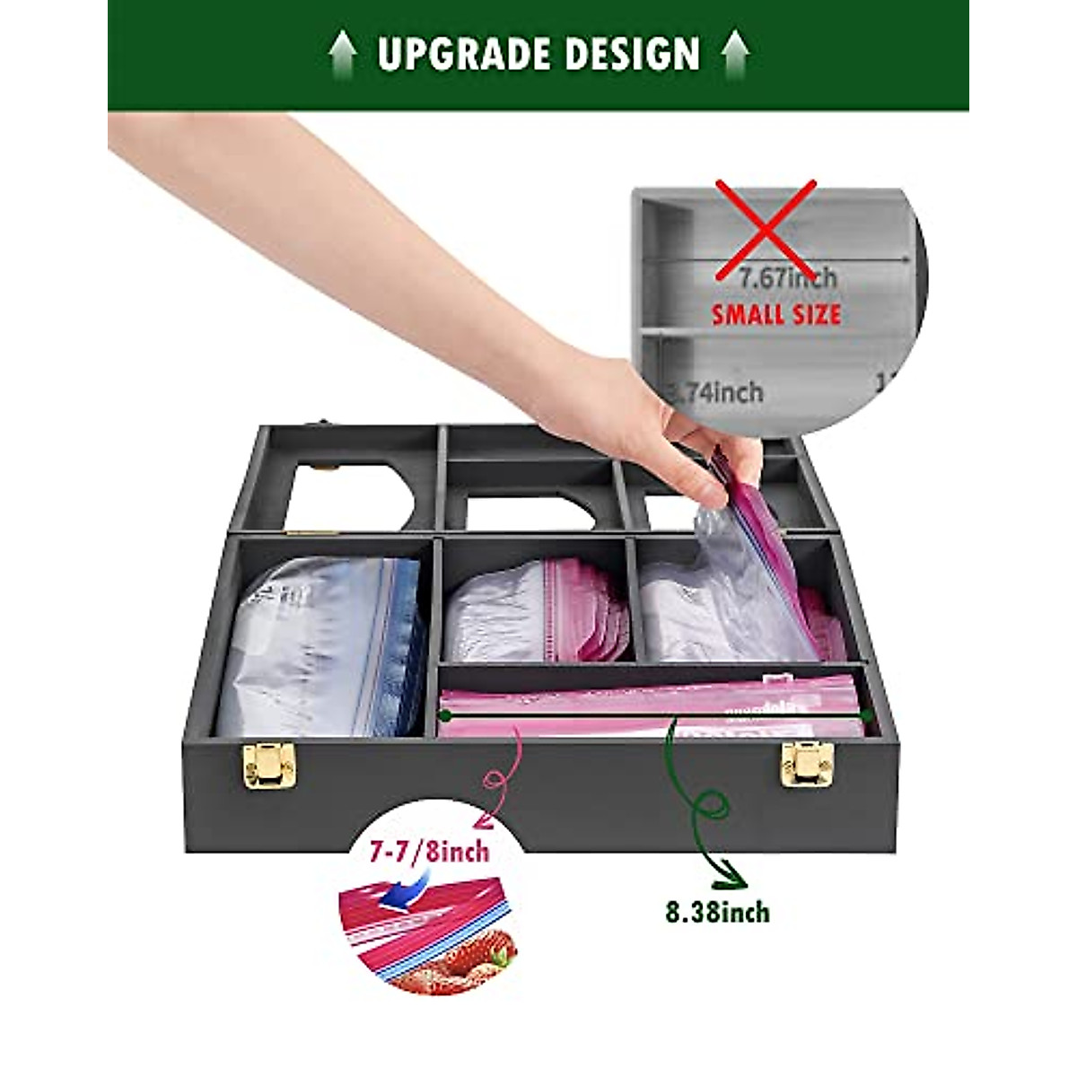 YSOHQ Ziplock Bag Storage Organizer Fits Sandwich Bag for Drawer Kitchen Organization Food Storage Bag Container Organizer Bamboo 1 Box 4 Slots Gray