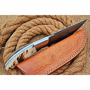 HUNTEX Handmade Hand-Forged Twist Pattern Damascus Steel 9 Inch Long Full Tang Natural Ram Horn Handle Razor Sharp Hunting Camping Boot Knife w/Genuine Leather Pouch