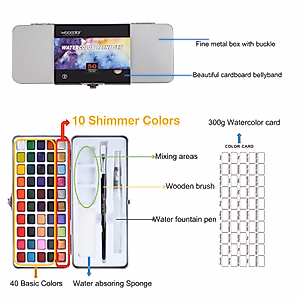 WOOCOLOR Watercolor Paint Set, 50 Colors with Brushes, Watercolor Palette, Sponges, Travel Watercolors Kit for Adults, Kids and Beginners, Art Supplies