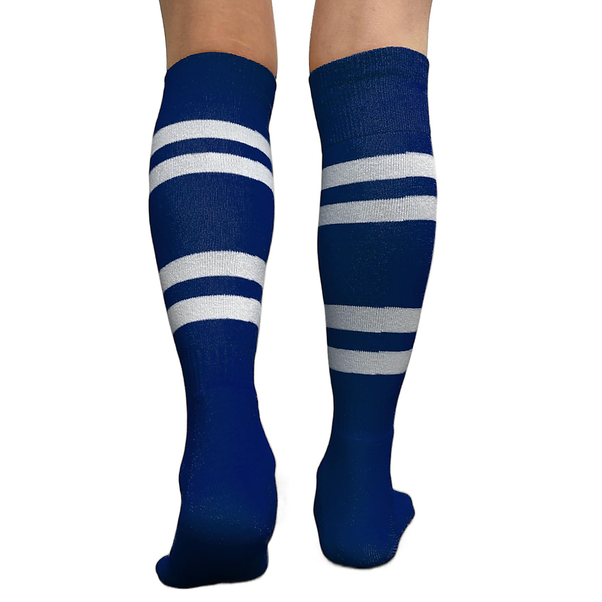 COUVER Unisex White Striped Knee High Softball/Sports Socks, Blue, Medium Size, 1 Pair