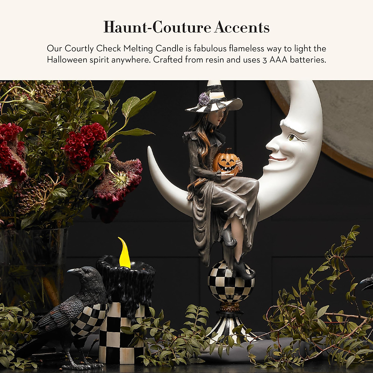 MACKENZIE-CHILDS Melting Candle, Flameless Battery-Operated Candle, Halloween Home Decor, Black-and-White Courtly Check