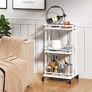 XYZLVSI 3-Tier Rolling Serving Bar Cart, Wood and Metal Kitchen Island Storage Cart with Wheels, Multifunction Utility Drink Cart Storage Rack for Home, Kitchen, Bar, Dinning Room, Living Room (White)