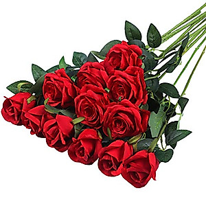 Hawesome 12PCS Artificial Silk Flowers Realistic Roses Bouquet Long Stem for Home Wedding Decoration Party (A-Red)