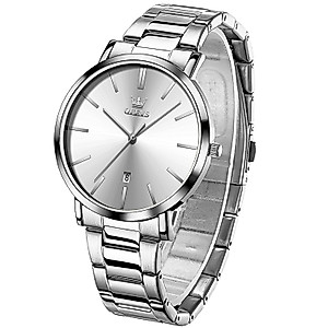 OLEVS Silver Watches for Men Dress Analog Quartz Waterproof Watch Stainless Steel Date Business Luxury Casual Wrist Watches White