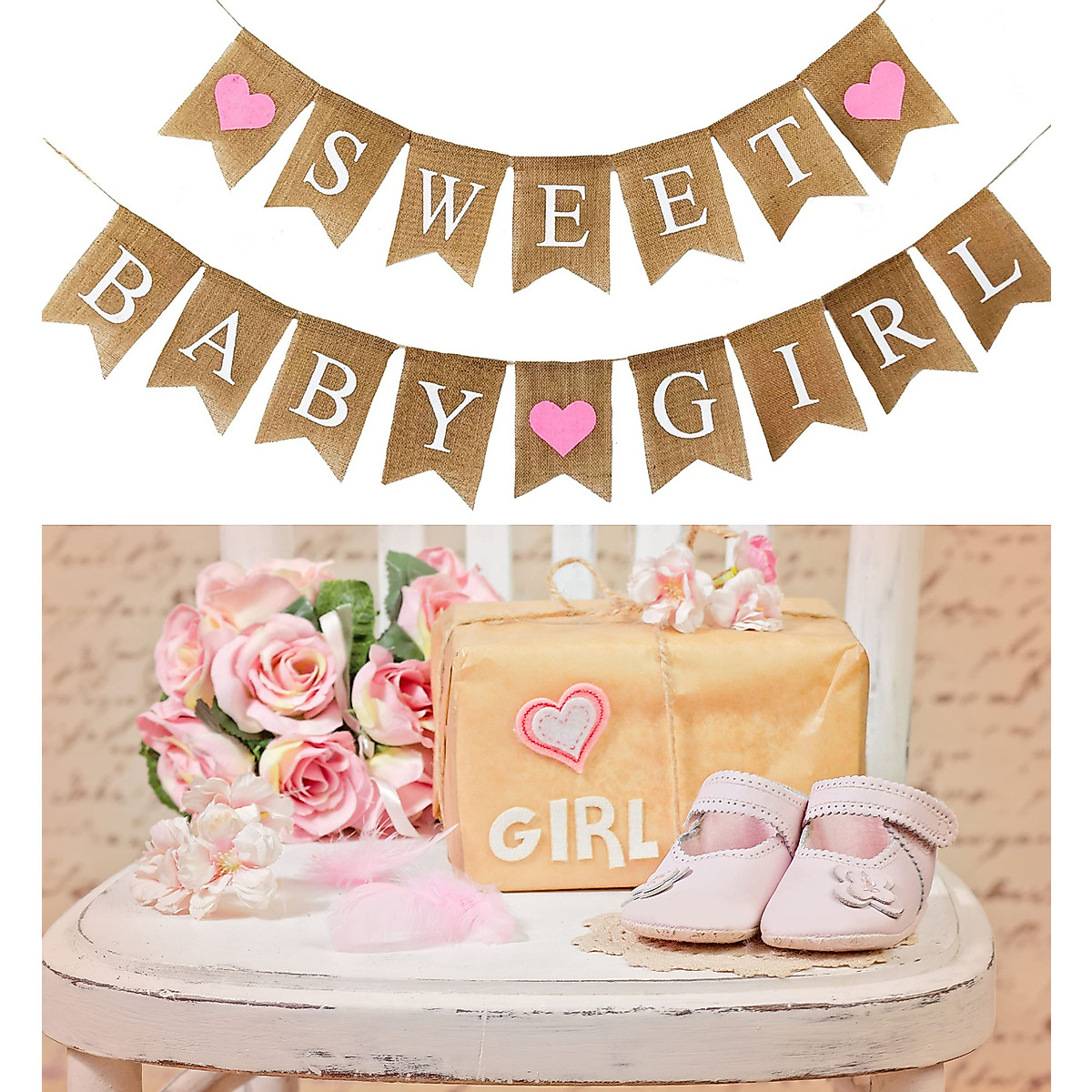 Shimmer Anna Shine Sweet Baby Girl Burlap Banner for Baby Shower Decorations and Gender Reveal Party (Pink)