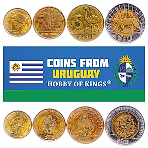 4 Coins from Uruguay | Uruguayan Coin Set Collection 1 2 5 10 Pesos | Circulated 2011-2019 | Greater Rhea | Armadillo | Capybara | Cougar