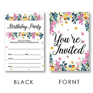 EUDOSI Wildflower Birthday Party Invitations Supplies Fill-In Set of 20 with Envelopes Floral Birthday Bash Invites Cards, Double Sided