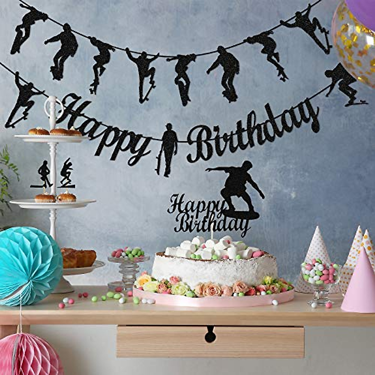 9 Pieces Skateboard Theme Happy Birthday Party Decorations Skateboard Happy Birthday Banner Black Silhouette Cupcake Toppers Skateboard Theme Party Supplies for Boys Girls Adults