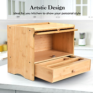 Bamboo Bread Box with Storage Bags Organizer, Corner Bread Box for Kitchen Countertop, Bread Box for Homemade Bread with Window, Bamboo Kitchen Zip Baggie Organizer for Drawer, Pantry Counter Corner