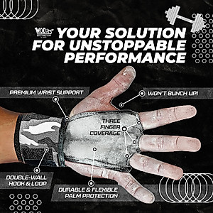 JerkFit WODies Grey Camo 3 Hole Gymnastics Grips with Wrist Support (Large) - Latex Free Elastic Pull Up Grip for Cross Training, WODs, Weightlifting - Workout Grips for Men Women for Palm Protection