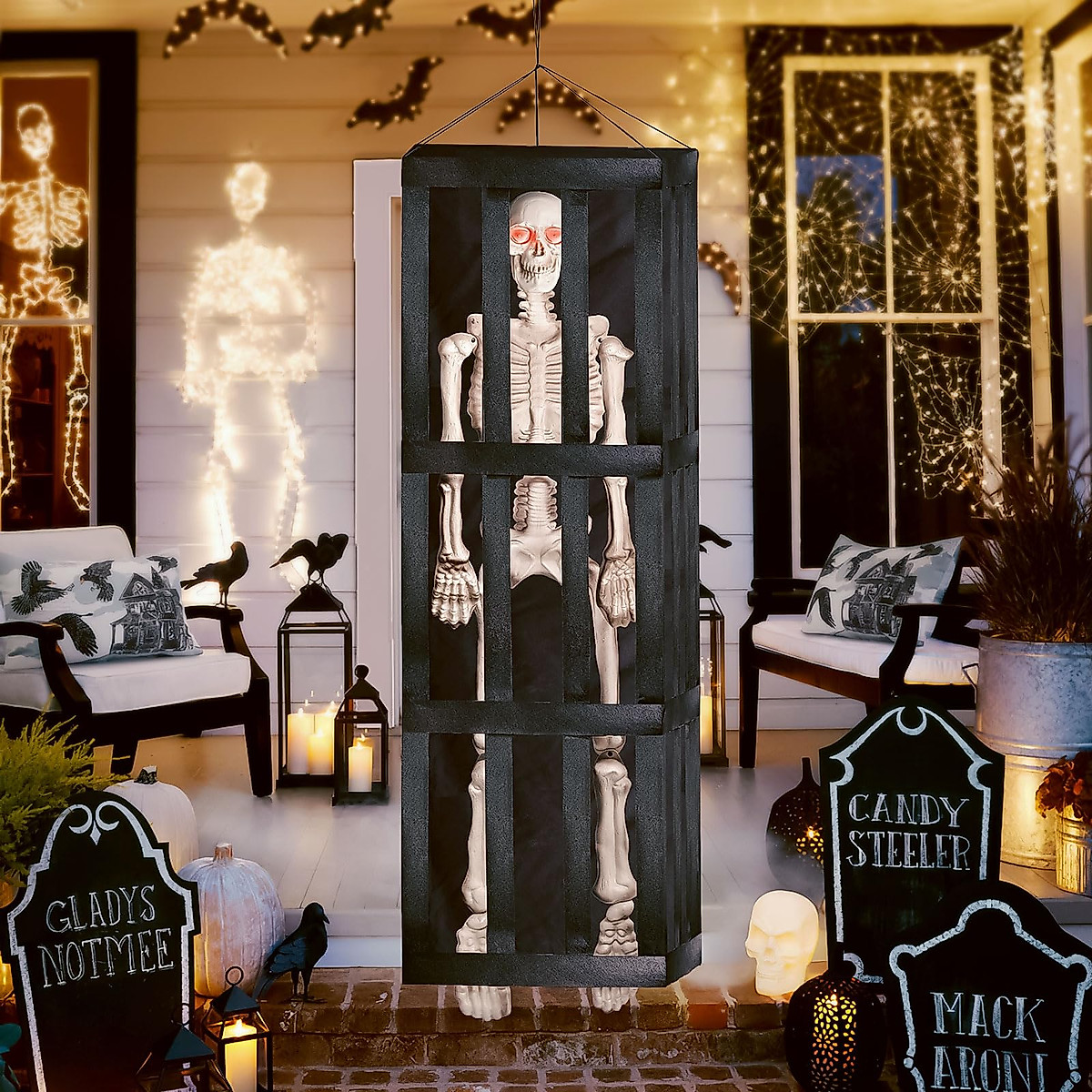 Halloween Animatronics Skeleton Decor Props,64 Inches Halloween Interactive Hanging Caged Skeleton with Lights Sounds and Vibration, Skeleton Decorations Outdoor Tree Lawn Garden Backyard