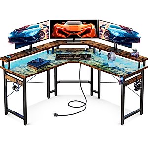 ODK L Shaped Gaming Desk with LED Lights & Power Outlets, 51" Computer Desk with Full Monitor Stand, Corner Desk with Cup Holder, Gaming Table with Hooks, Vintage