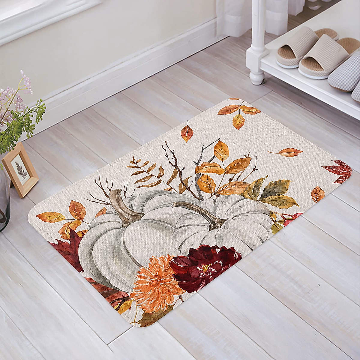 Front Door Mats Outdoor Indoor Kitchen Mat, Thanksgiving Grey Pumpkin Fall Maple Leaves Entrance Doormat Non-Slip Bathroom Rugs Washable Floor Mats for Sink/Porch, 16" x 24"