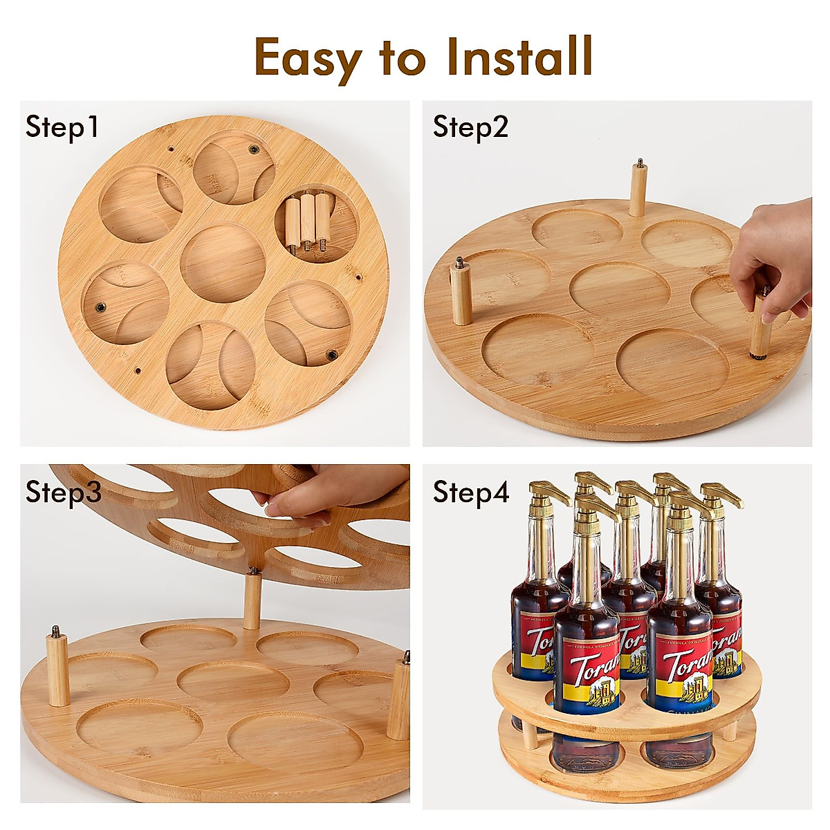 Actororp Rotating Coffee Syrup Organizer, 7 Bottles Coffee Syrup Rack, Wooden Countertop Syrup Bottle Rack for Coffee Bar Station, Carousel Wine Display Tray