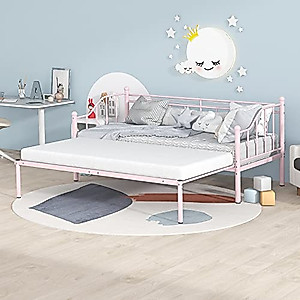 LCH Twin Size Daybed with Trundle, Metal Day Bed with Steel Slat Support,Sofa Bed Frame for Children, Teens and Adults, No Spring Box Need, Suitable for Bedroom, Apartment and Dorm, Pink