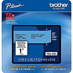 Brother Genuine P-touch, TZe-551CS, 0.94” x 26.2’, Black on Blue Laminated Label Tape