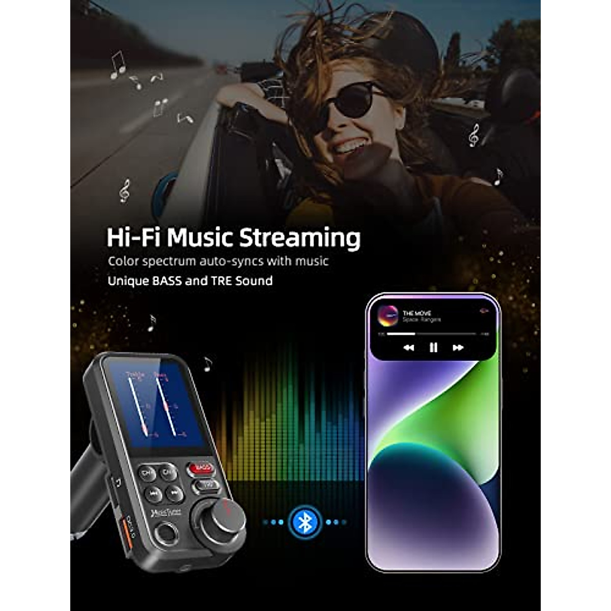 Nulaxy FM Bluetooth Transmitter for car, Strong Microphone Bluetooth Car Adapter with 1.8" Color Screen for Hands Free Calls, Supports QC3.0 Charging, Treble and Bass Sound Music Player- KM30
