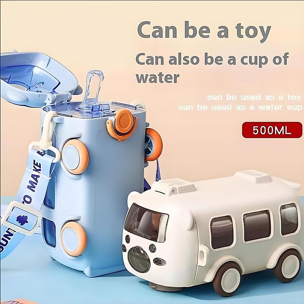 Portable Water Cup in Bus Shape with Strap, 16.9Oz Leak Proof Bus Shaped Water Cup Bottle, Portable Cute Bounce Flip Top Straw Drinking Bottle, Detachable Fun Cars Jug Toy for Camping (blue)