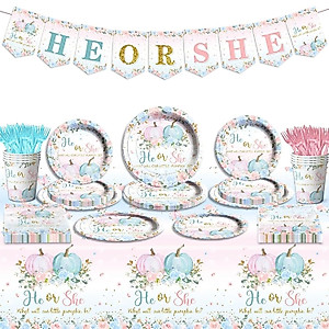 Pumpkin Gender Reveal Decorations - Pumpkin He or She Gender Reveal Tableware Set Fall Paper Plate,Napkins,Tablecloth for Little Pumpkin Baby Shower Decorations Girl,Gender Reveal Party