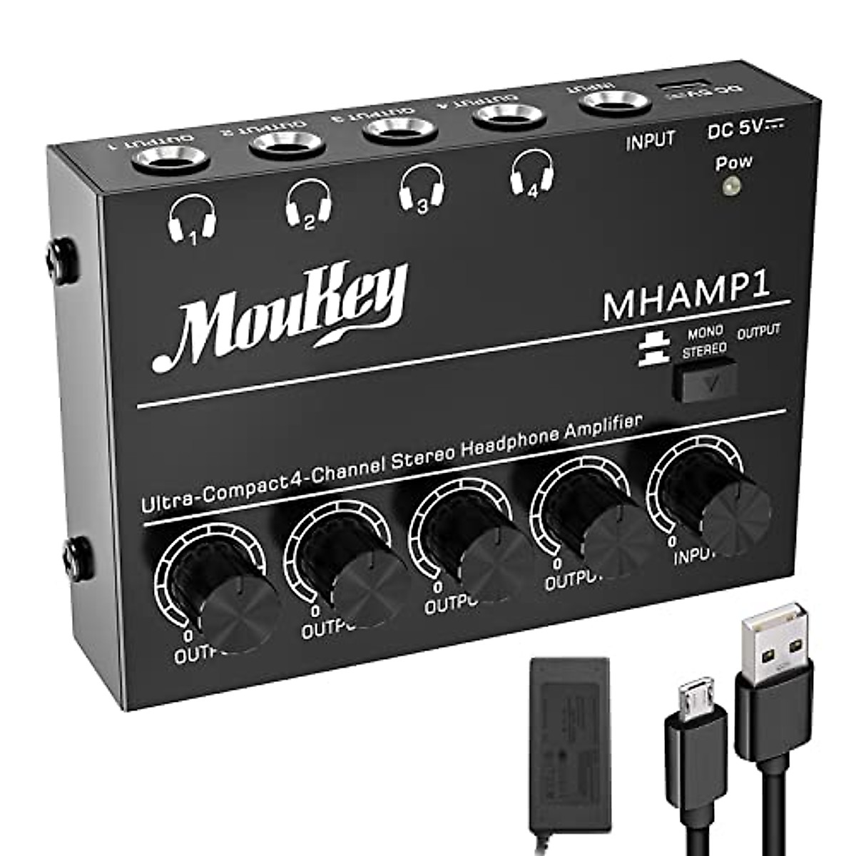 Moukey Headphone Amp Amplifier 4 Channels Metal Stereo Audio Amplifier,Mini Headphone amplifier portable - 4x Quarter Inch Balanced TRS Headphone Output and TRS Audio Input, DC5V Power Supply-MHAMP1
