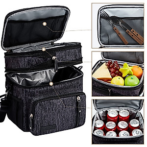 UMUFUKA Men's Double Compartment Lunch Bag, Insulated Lunch Cooler Tote 2 Roomy Large Reusable Water-resistant Lunch Box (Black)