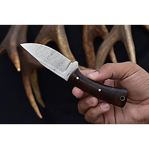 Knives Ranch Fixed Blade EDC Knife with Horizontal Carry Sheath – Small Hunting Knife – Damascus Skinning Knife – Cowboy Knife with Leather Sheath Stabilized Rosewood Handle (4402-IRW)