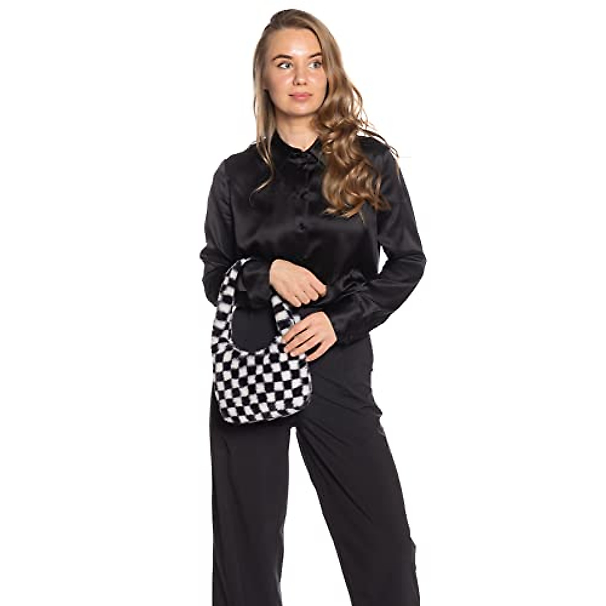 Fashion Soft Faux Fur Shoulder Bag Purse for Women Retro Checkered Fluffy Hobo Handbag Zipper Closure (White Black)