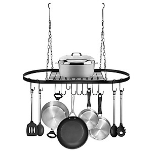 Sorbus® Pot and Pan Rack for Ceiling with Hooks — Decorative Oval Mounted Storage Rack — Multi-Purpose Organizer for Home, Restaurant, Kitchen Cookware, Utensils, Books, Household (Hanging Chrome)
