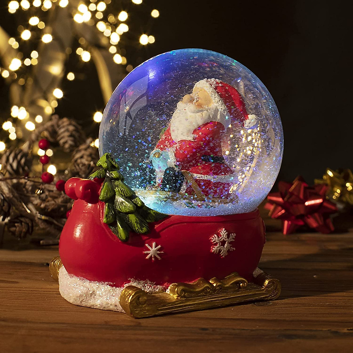 Celebright Christmas Musical Snow Globe - Plays 8 Songs Including Jingle Bells & Lights Up with Changing LED Colours - Large 14cm (Santa on a Sleigh Base)