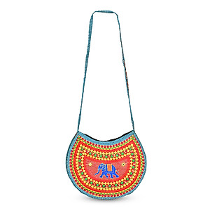 North Creed Crossbody Elephant Flora Embroidery Shoulder Bag, Indian Ethnic Travel Handbag with Zipper Pocket- Blue