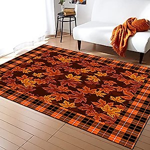 Large Rectangular Area Rugs 5' x 7' Living Room, Thanksgiving Maple Autumn Leaf Durable Non Slip Rug Carpet Floor Mat for Bedroom Bedside Outdoor Fall Orange Buffalo Plaid