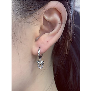 Small Mouse Dangle Hoop Earrings for Women Girls 925 Sterling Silver Cubic Zirconia Charm Animal Mice Huggie Sleeper Hoops Cartilage Hypoallergenic for Sensitive Ear Jewelry (Pink CZ)