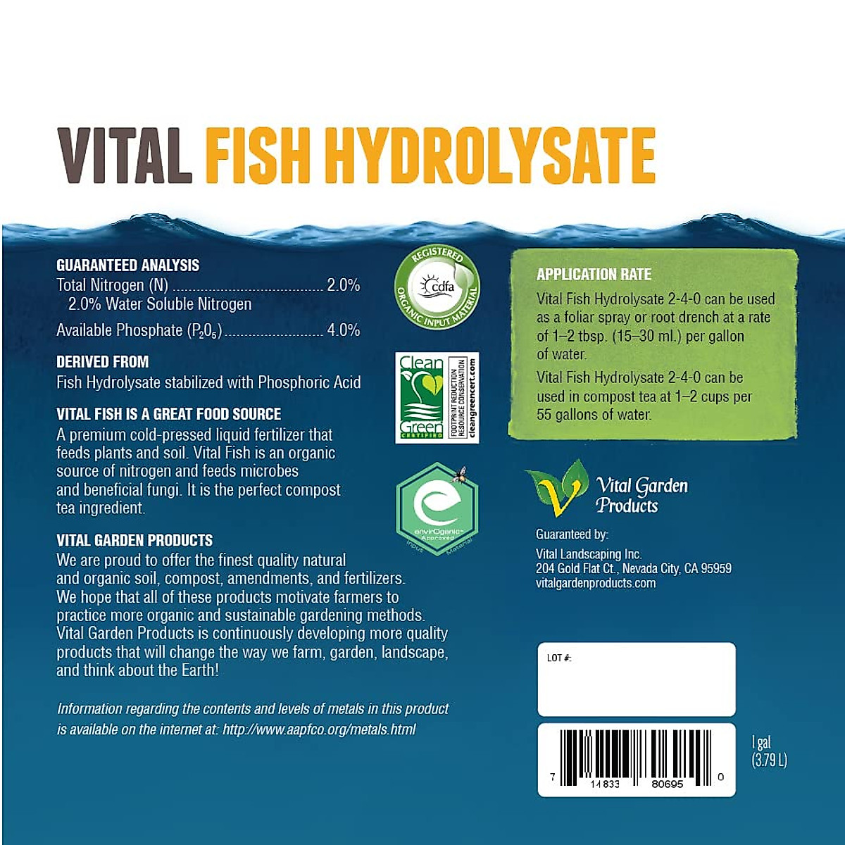 Vital Garden Supply - Vital Fish Hydrolysate 1 Gallon Jug - CDFA Organic Certified - Natural and Organic Cold Pressed Fish Fertilizer