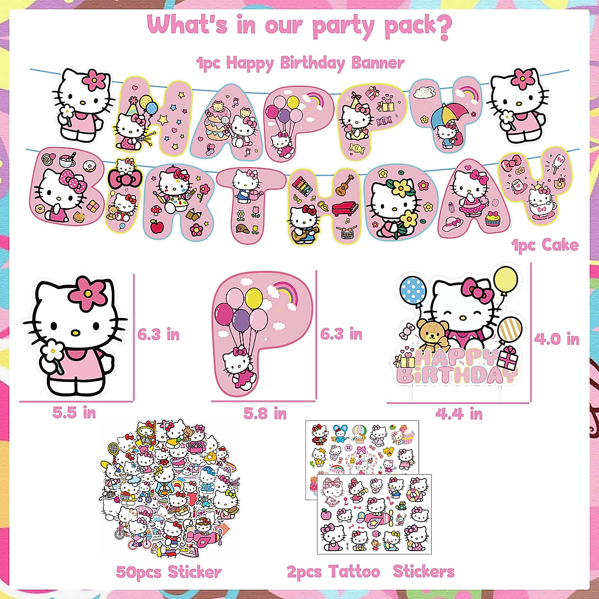 Kawaii Birthday Party Supplies, Kawaii Birthday Party Decorations Set Include Banner, Tattoos Invitation Cards, Hanging Swirls, Stickers, Tableware, Cake Toppers, Balloons, Kawaii Cute Party Favors