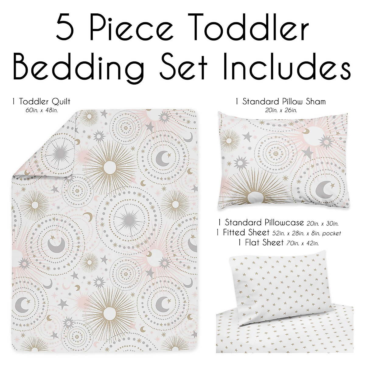 Blush Pink, Gold, Grey and White Star and Moon Celestial Girl Toddler Kid Childrens Bedding Set by Sweet Jojo Designs - 5 Pieces Comforter, Sham and Sheets